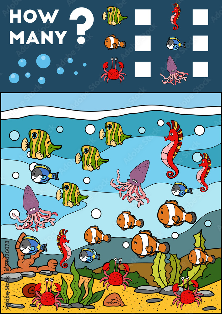 Counting Game for Preschool Children. Fish and background Stock Vector ...