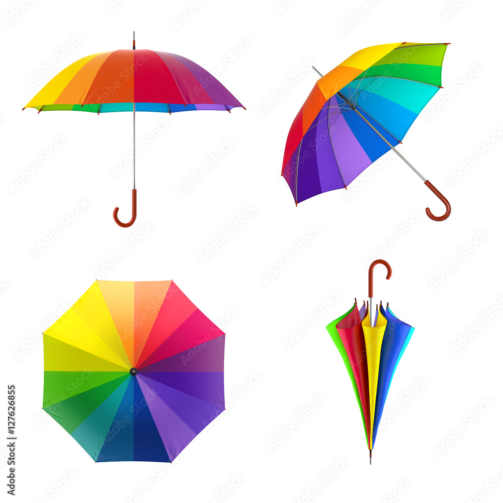 Colorful rainbow umbrella isolated on white background. 3D illustration ...