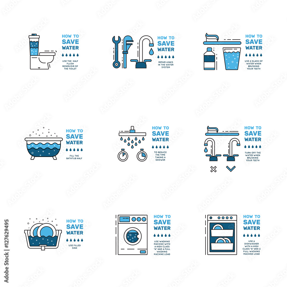 Vetor de Illustration with tips on saving water consumption by man in a ...