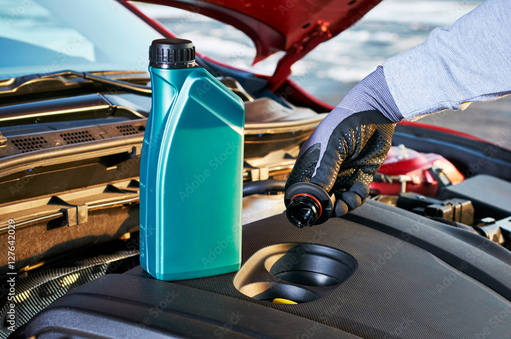 Photo & Art Print Filling engine oil in modern car, ShiningBlack
