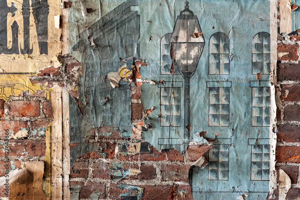 Vintage textures: old posters with letters. Peeling paint, brick wall ...