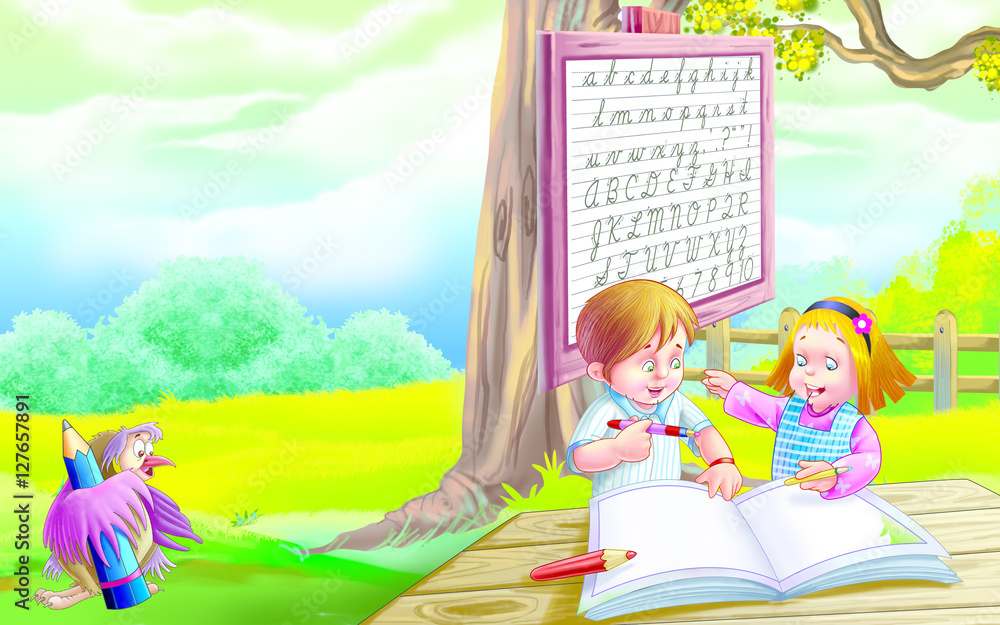 Boy and girl writing Stock-Illustration | Adobe Stock