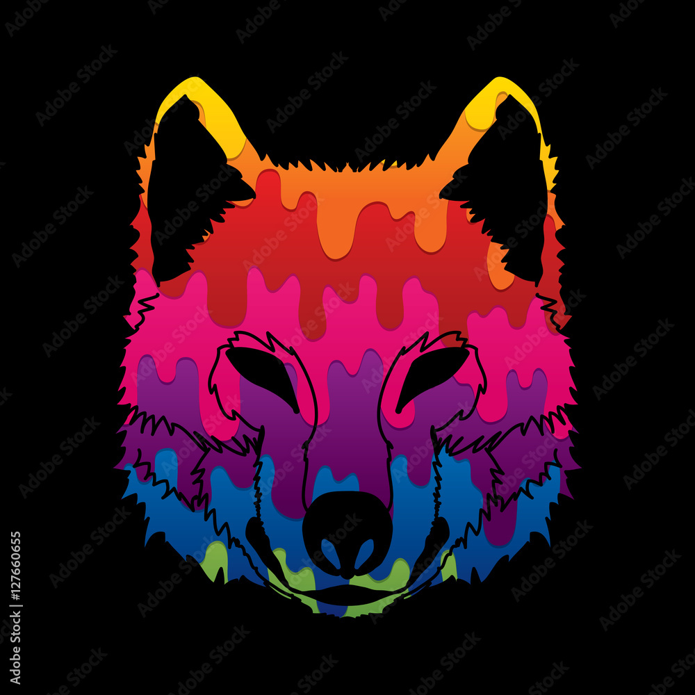 Wolf face front view designed using melting colors graphic vector ...