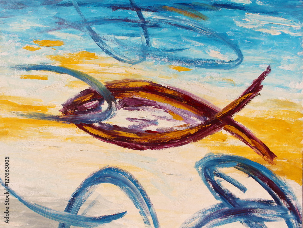 The fish, original oil painting on canvas, Christian symbol, Christian ...