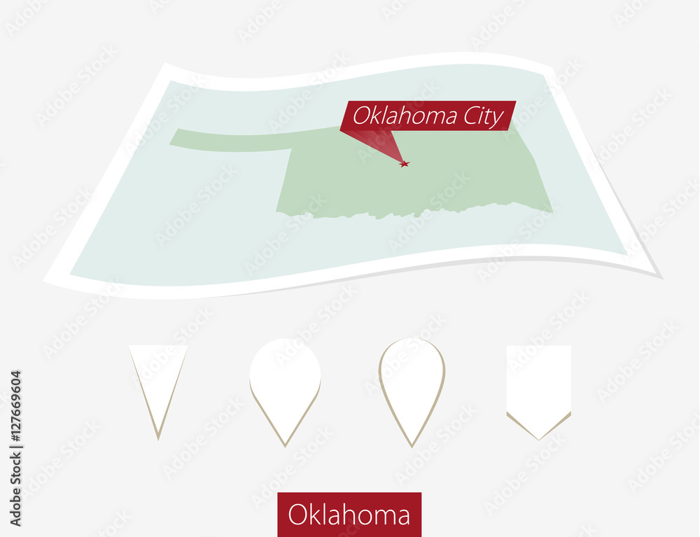 Curved paper map of Oklahoma state with capital Oklahoma City on Gray ...