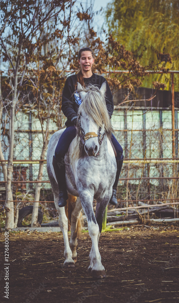 Young beautiful brunette girl rides a horse bareback with hackamore ...