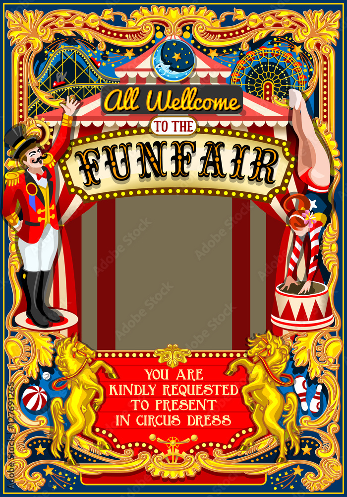 Circus juggler show Retro Template. Cartoon Poster Invite. Kids game ...