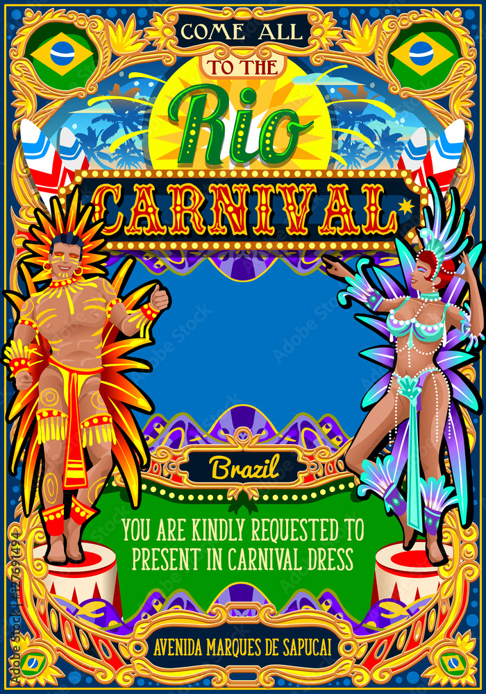 Rio Carnaval festival poster illustration. Brazil night Show Carnival ...