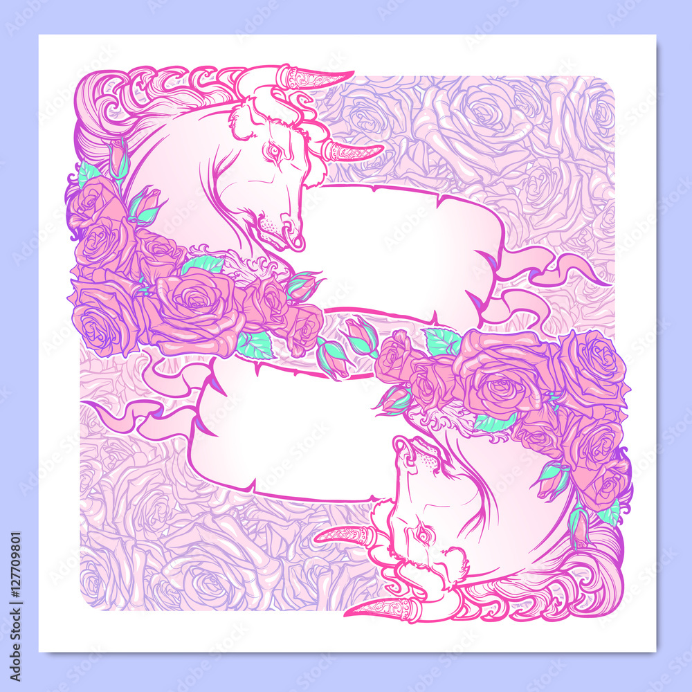 Zodiac sign of Taurus with a decorative frame of roses and banners ...