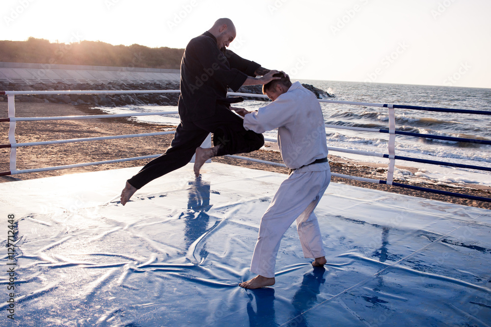 professional male karate fighters are fighting on the beach boxing ring ...