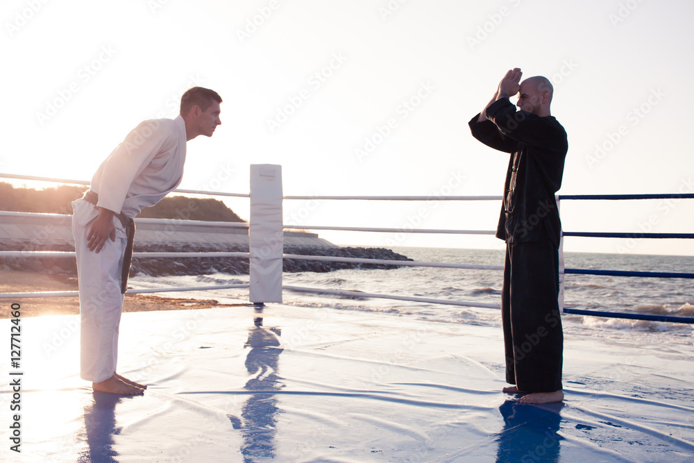 Two professional male karate fighters are fighting on the beach boxing ...