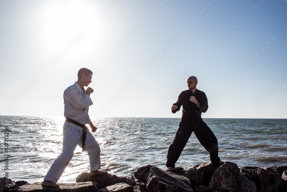 Professional karate fighters training on stones sea background in ...