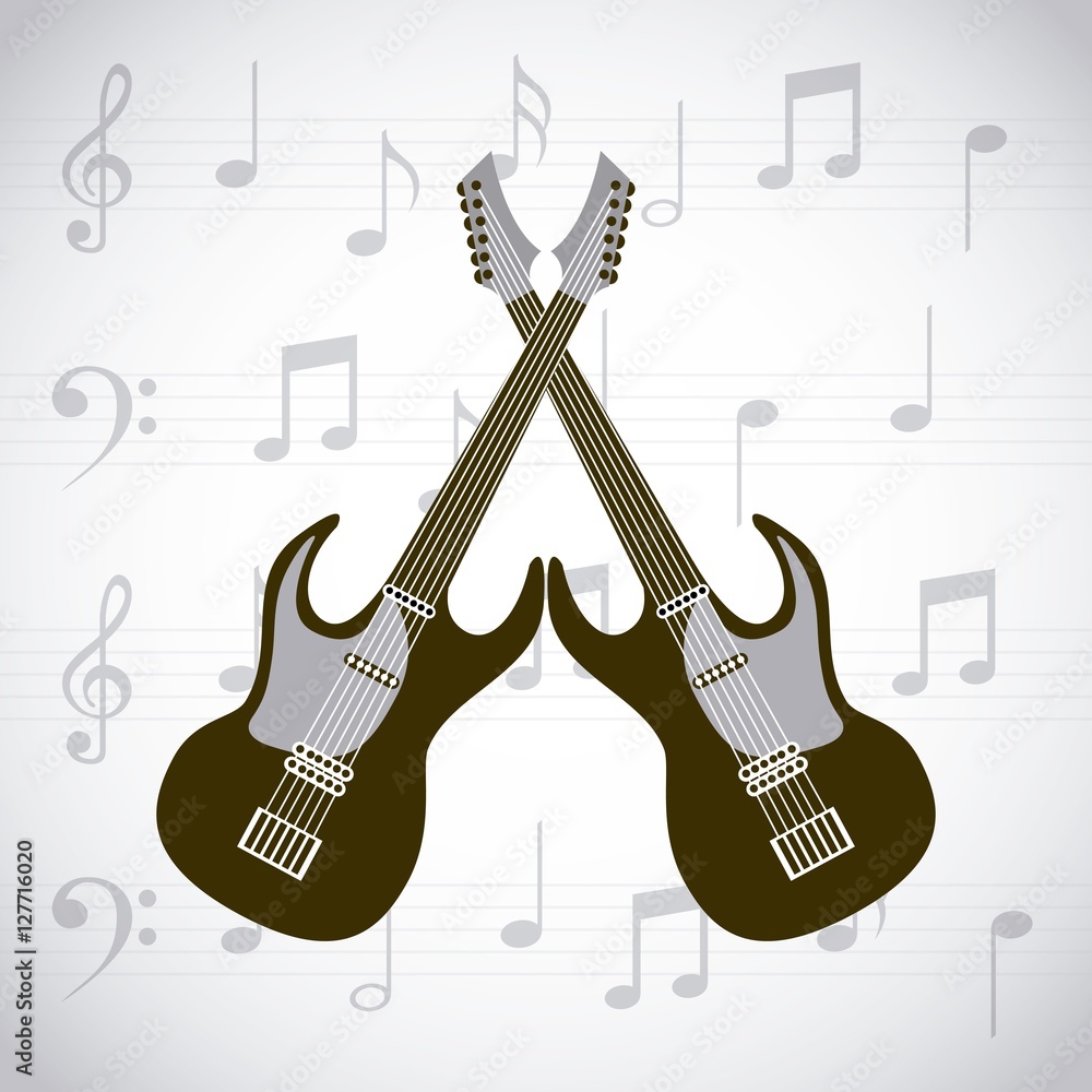 electric guitars crossed over white background with musical notes ...