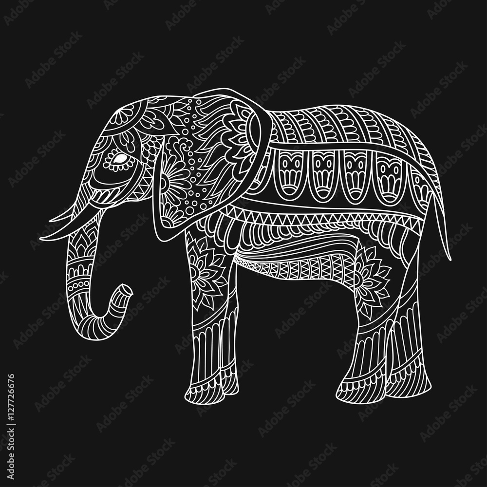 Indian elephant in traditional asian style. Ornate elephant on lace ...