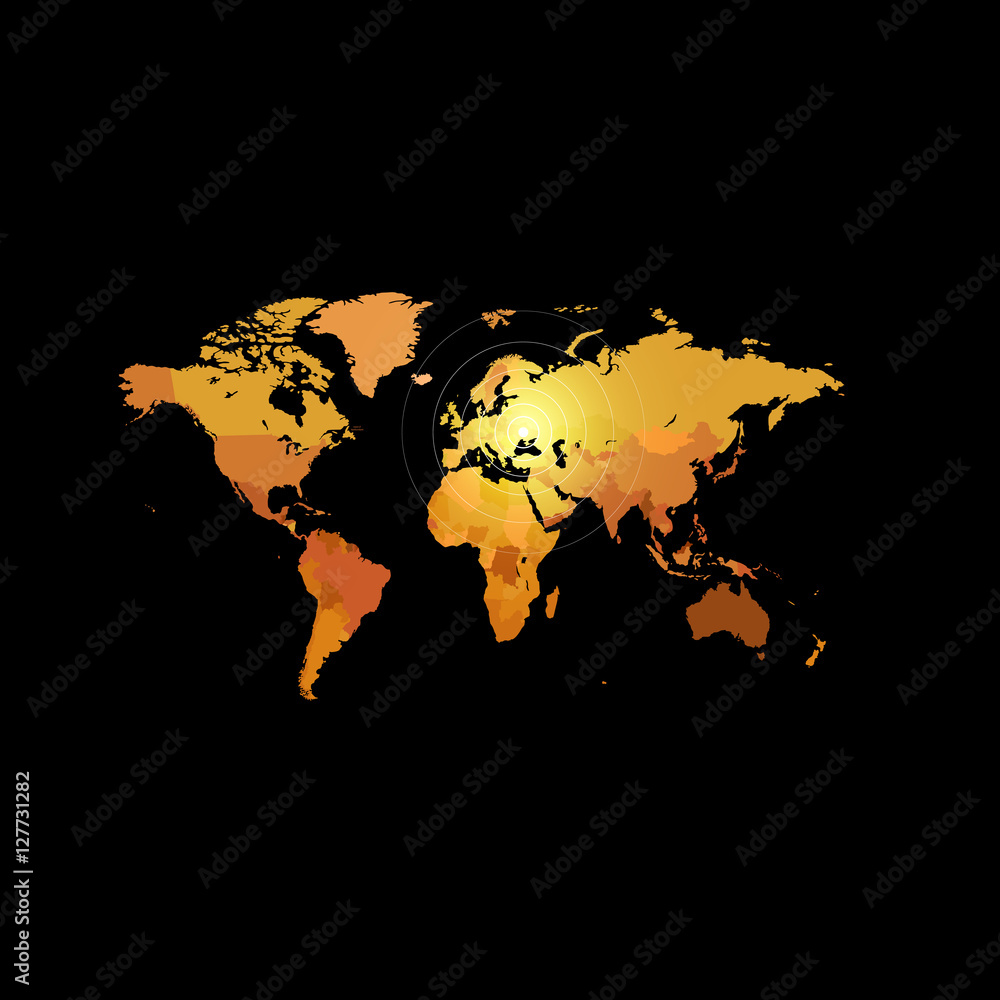 Orange color world map on black background. Globe design backdrop ...