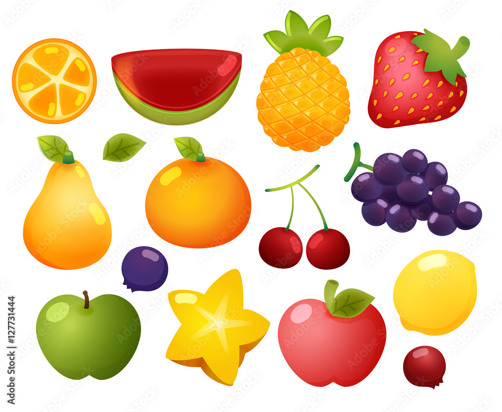 Collection Set of colorful glossy cartoon fruit icons, orange, w Stock ...