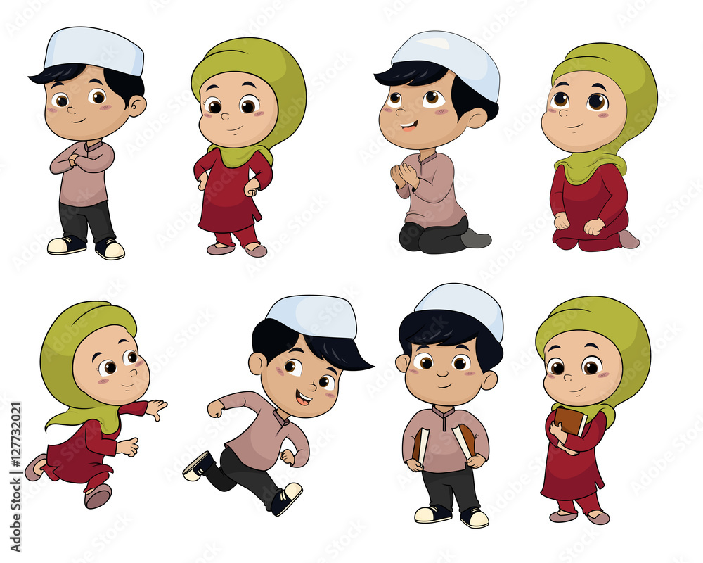 Set of kid muslim people doing activities.vector and illustratio Stock ...