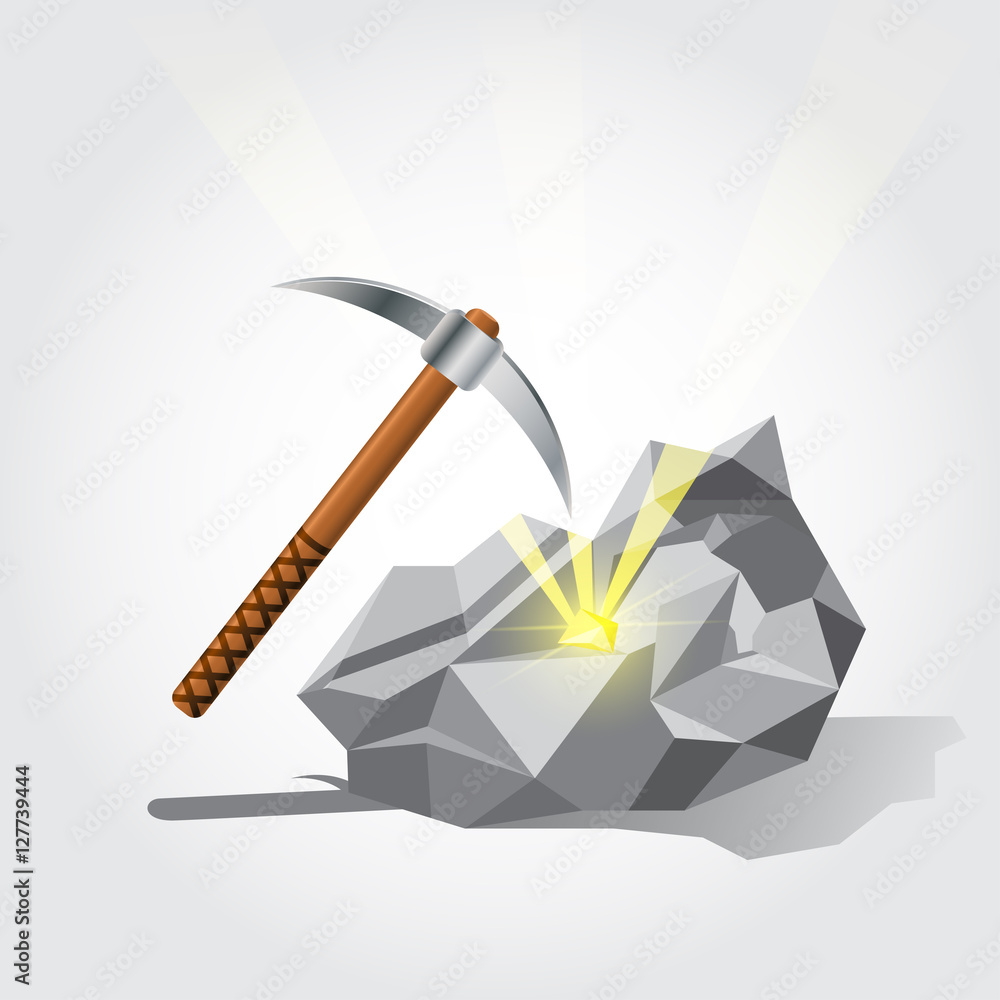 Pick axe and a pile of stones with shiny gold. Vector illustrati Stock ...