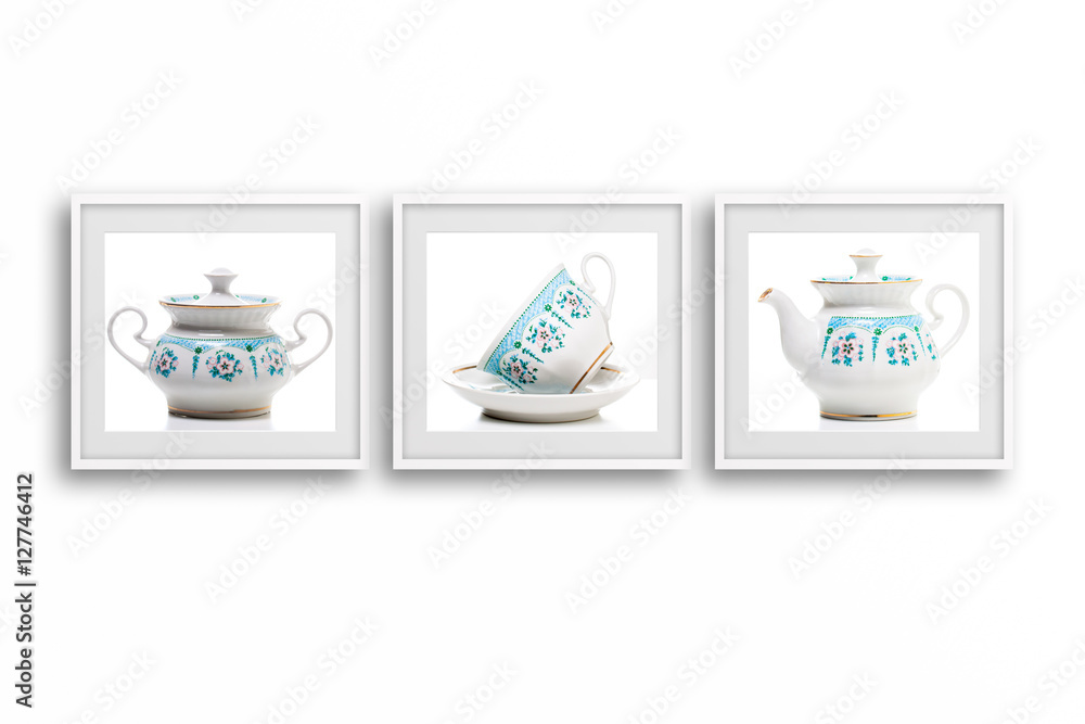Collage of tea set photos in frames, coffee shop interior design mock ...