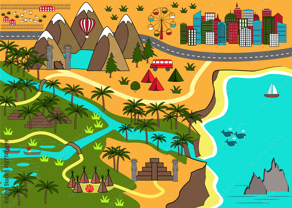 Cartoon map with interesting adventure objects Stock Vector | Adobe Stock