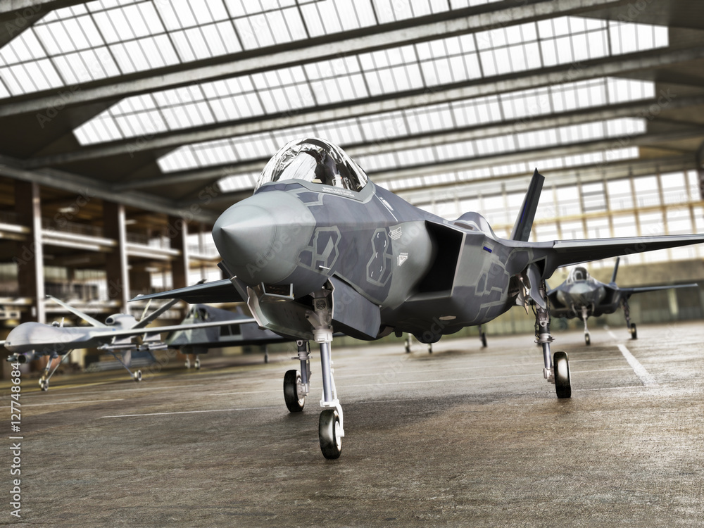 Military aviation arsenal inside a military hangar awaiting deployment ...