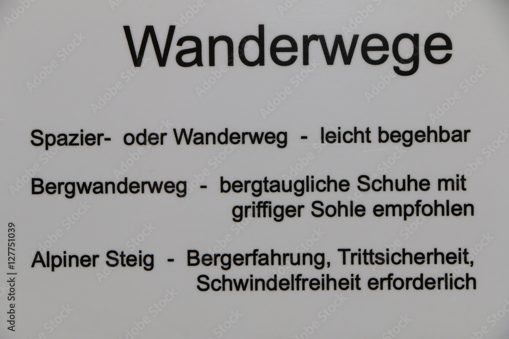 German sign about different Hiking trails, Schild mit einer Auflistung ...