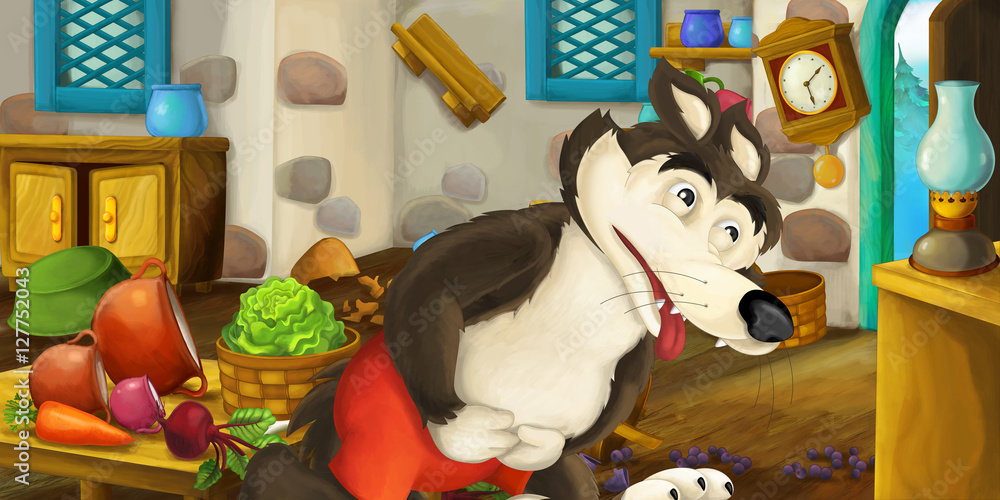 Cartoon happy and funny scene of old style kitchen and overeaten wolf ...