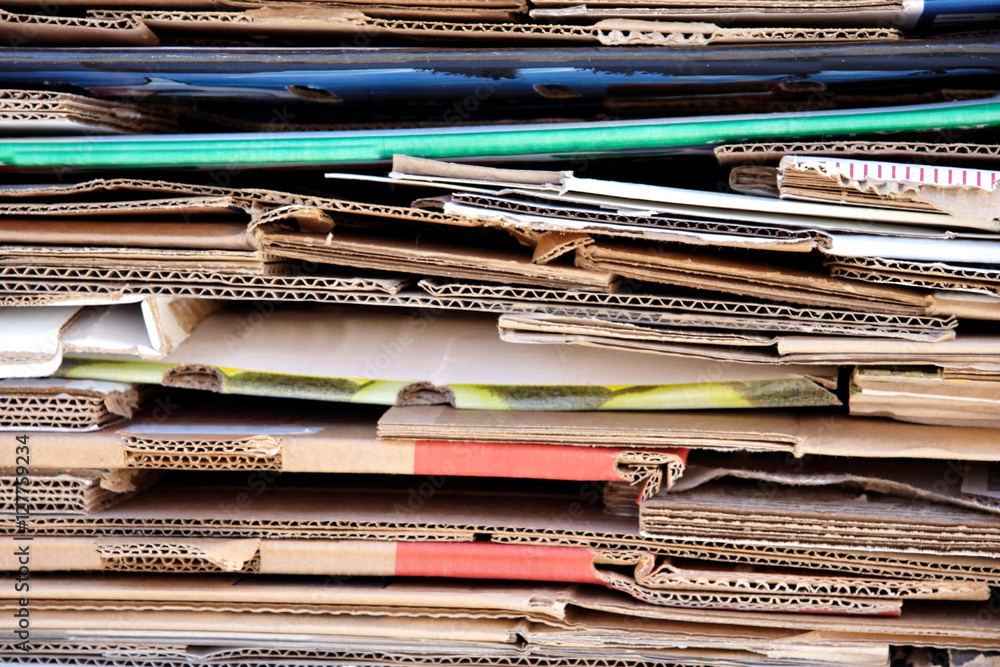 Crushed and stacked cardboard boxes for recycling. Horizontal. Stock ...