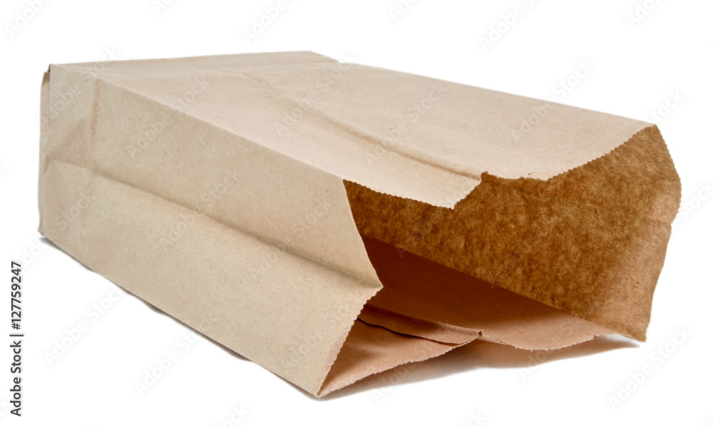 Open brown paper bag on white background. Side, top and front view ...