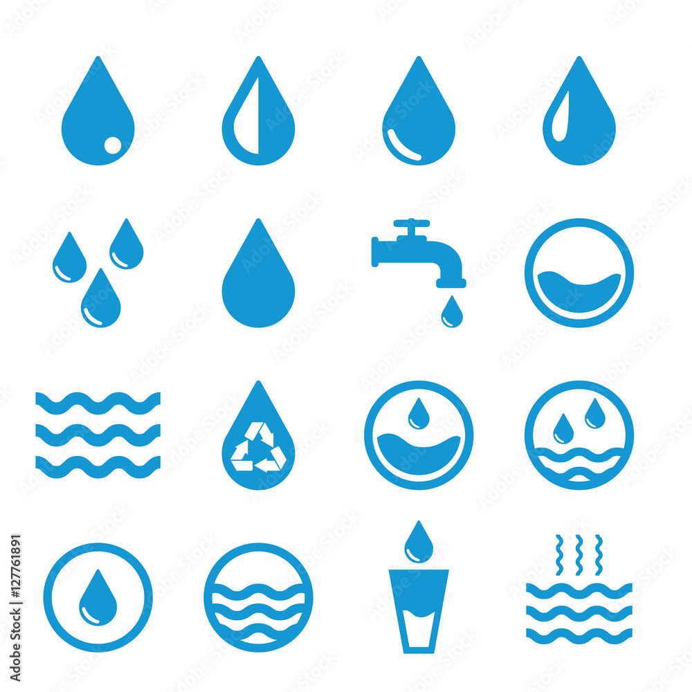 Vector water icons set on white background. Blue. Vector illustration ...