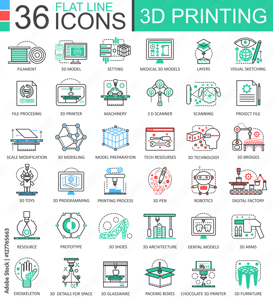Vector 3D printing technology flat line outline icons for apps and web ...
