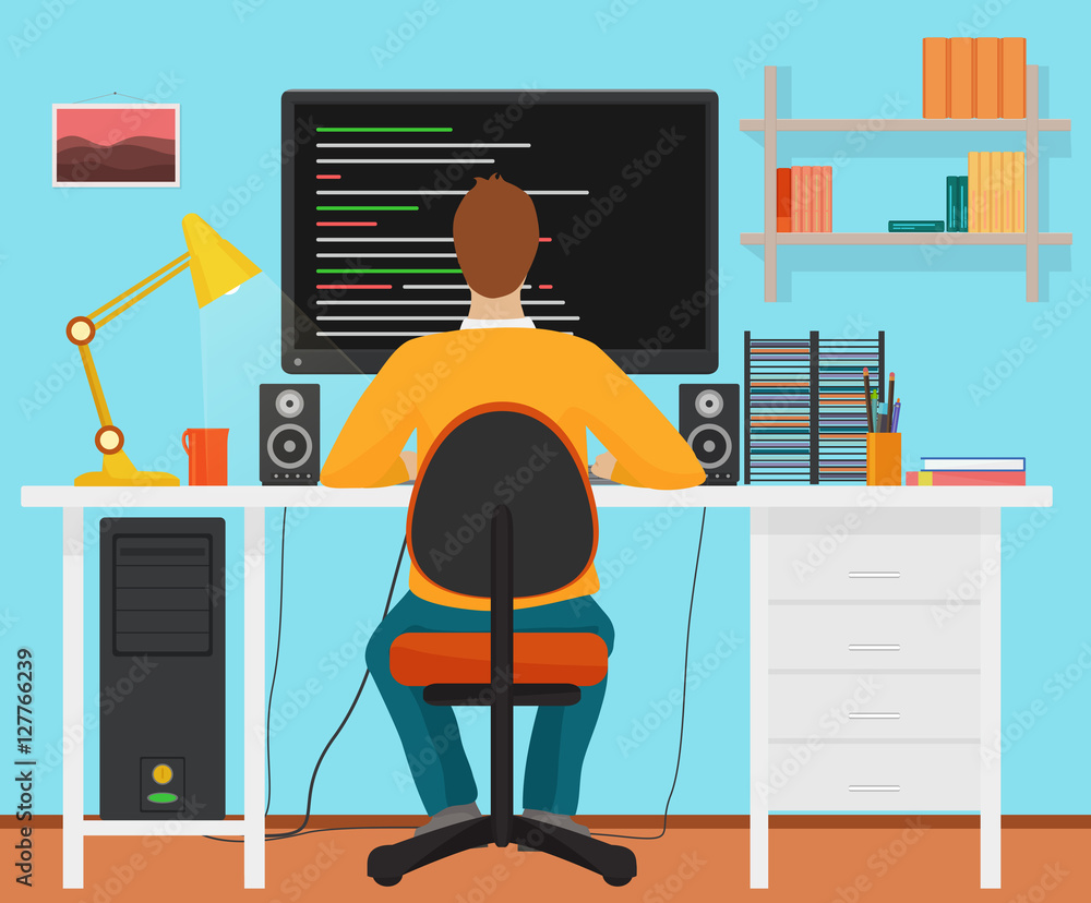 Man programmer back working on his PC computer. Coding and programming ...