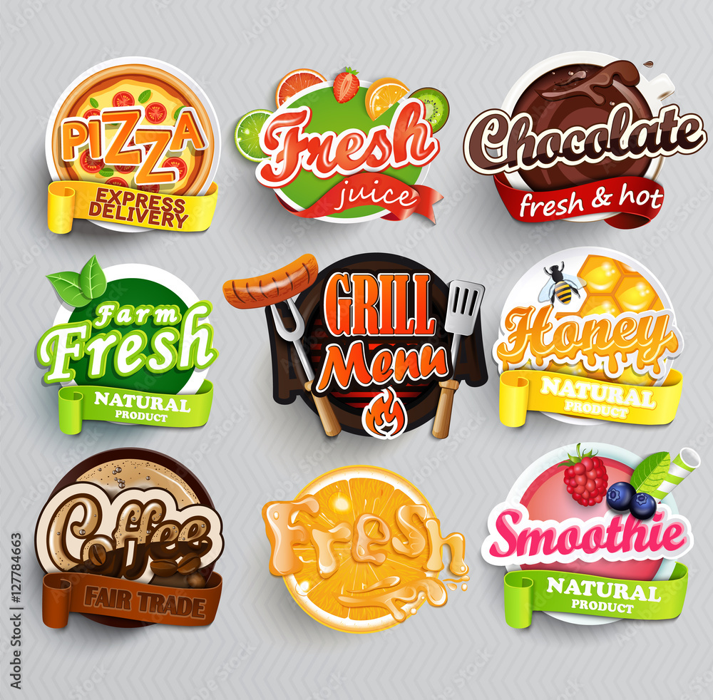 Set of food stickers. vector de Stock | Adobe Stock