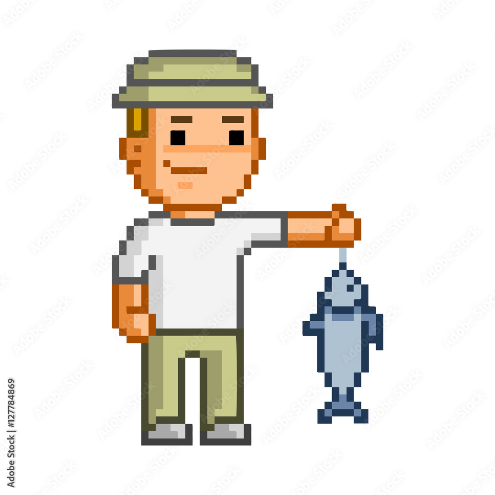 Vector 8 bit pixel art fishing for design Stock Vector | Adobe Stock