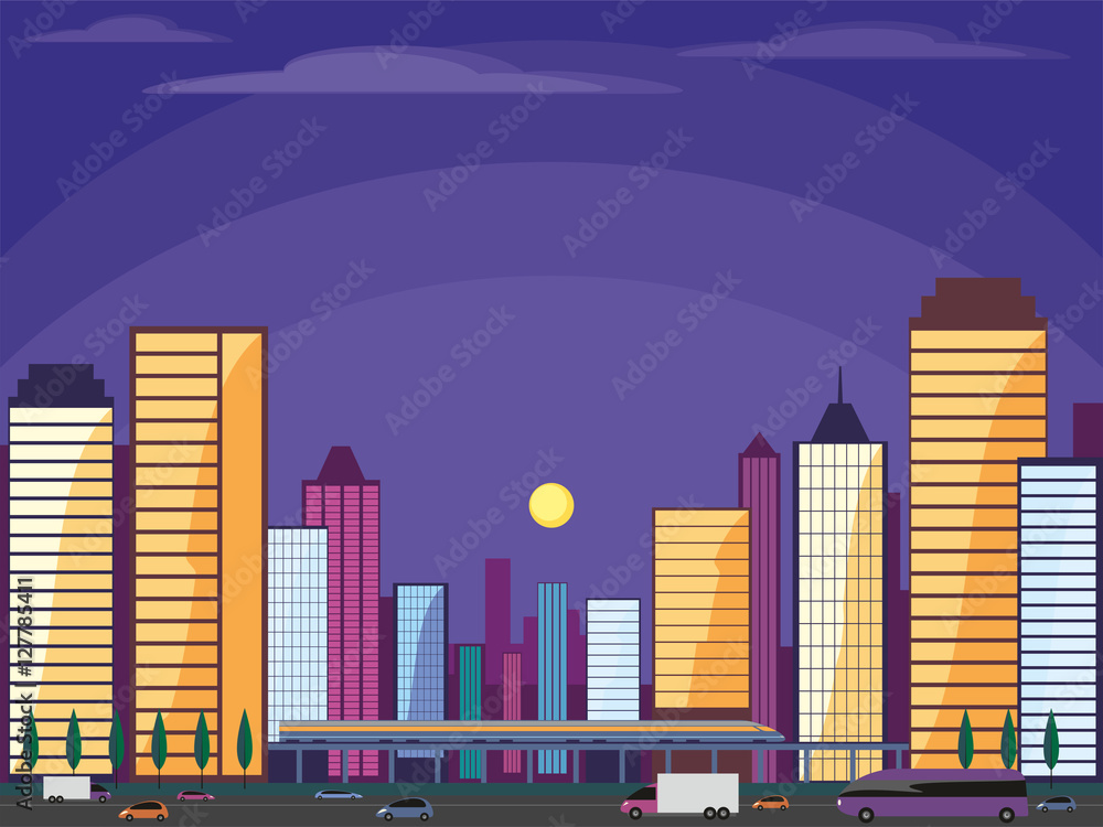 Abstract image of a modern night city. Cityscape with tall buildings ...