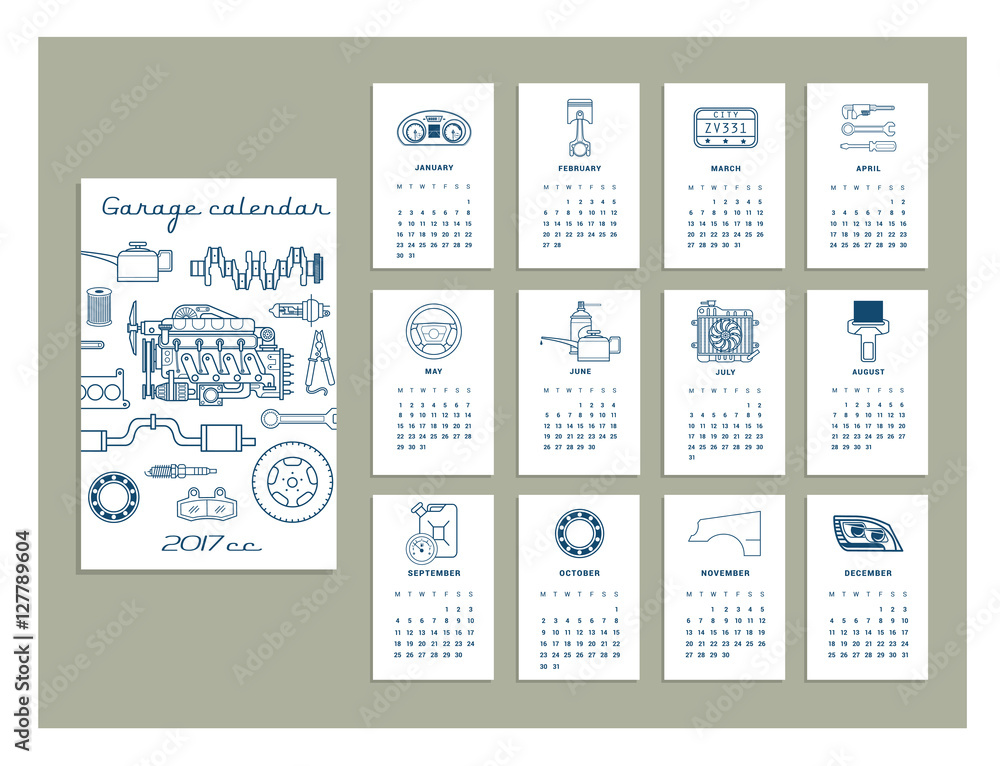 Garage calendar of 2017. Vector. Isolated Stock Vector | Adobe Stock