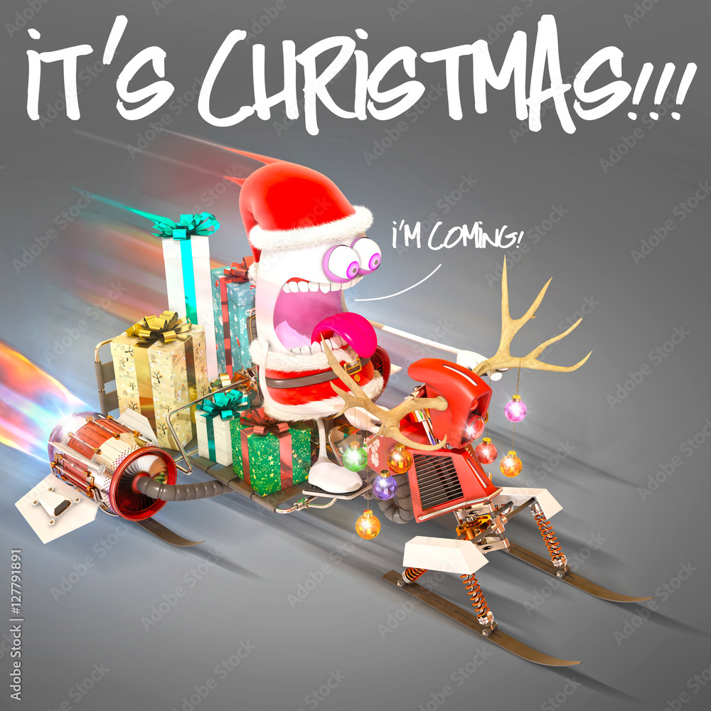 Cartoon Santa Claus riding mechanic sleigh, 3d rendering Stock ...