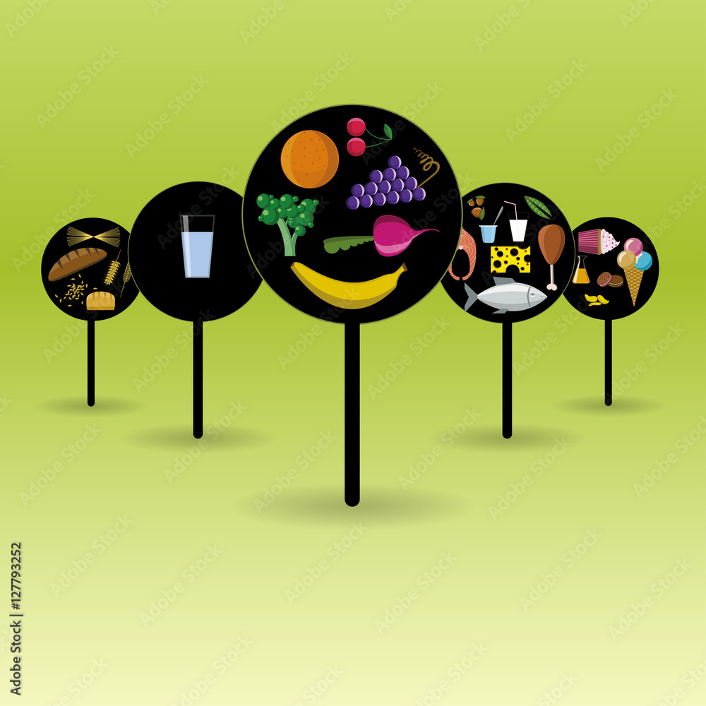 Vector flat nutrition badges. Food icons in black circles Stock Vector ...