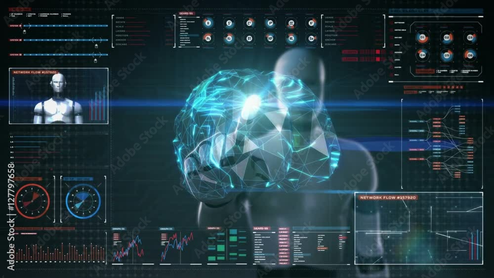 Robot cyborg touching polygon Brain, connect digital lines in digital ...