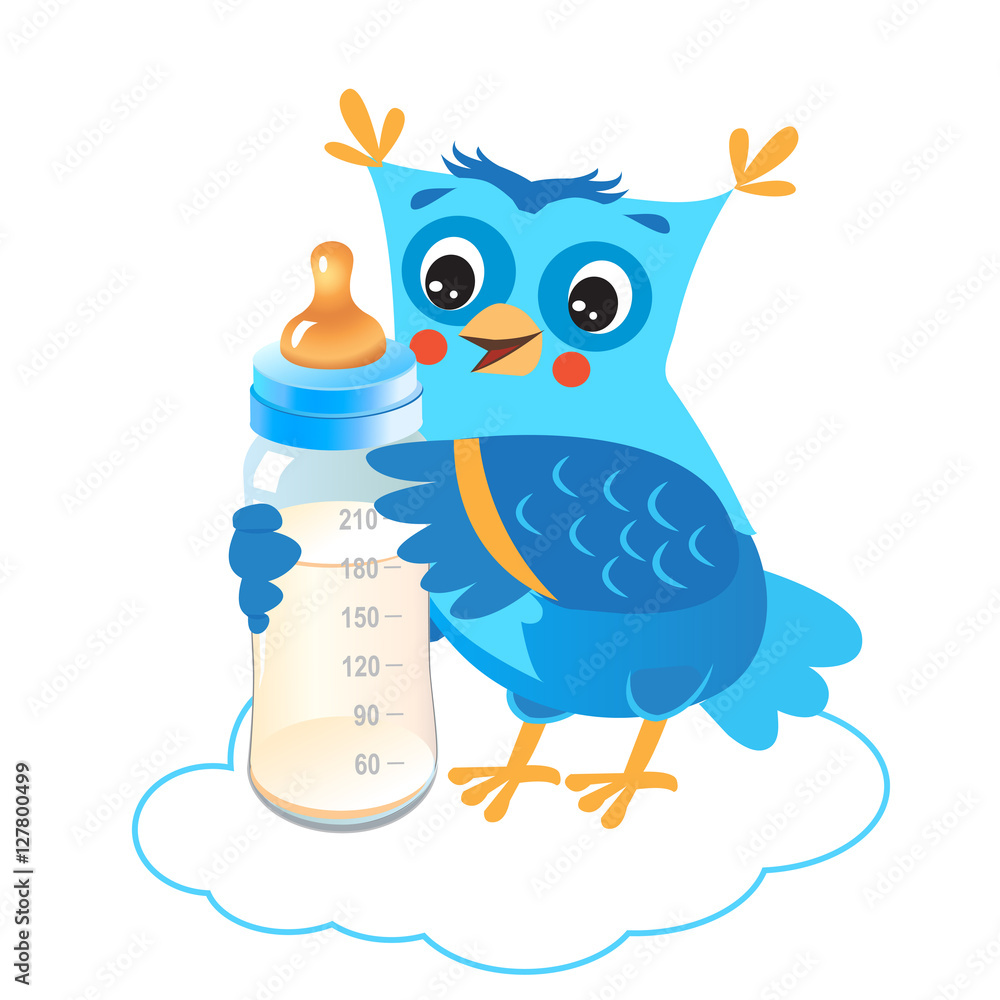 Cute Owlet With Milk Bottle. Welcome Baby Boy Vector Illustration. Cute ...
