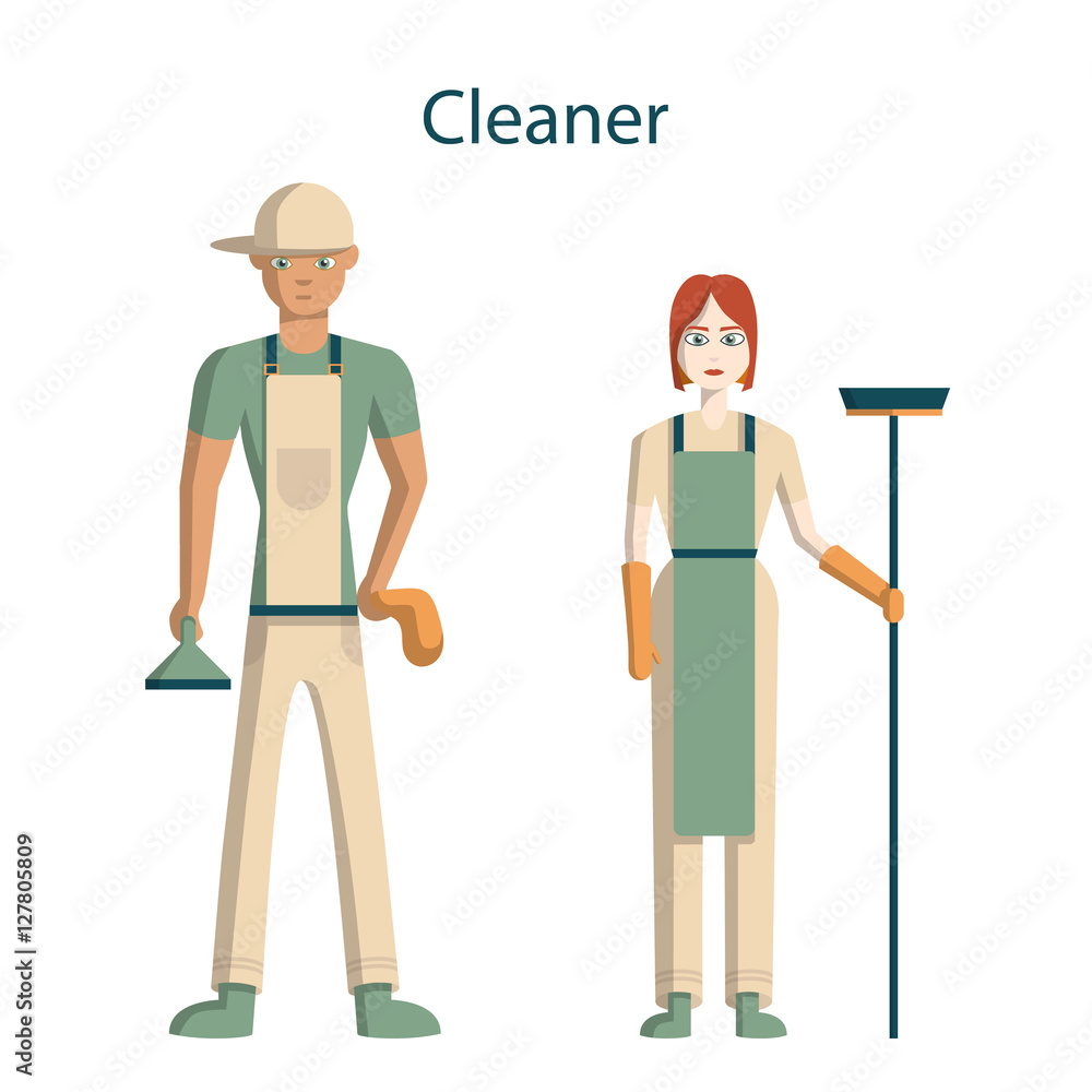 Isolated profesional cleaner staff. Female and male cleaner in uniform ...