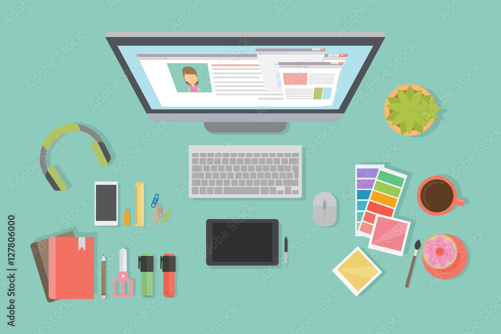 Designer desk mockup. Desk with computer screen, tablet and drawing ...