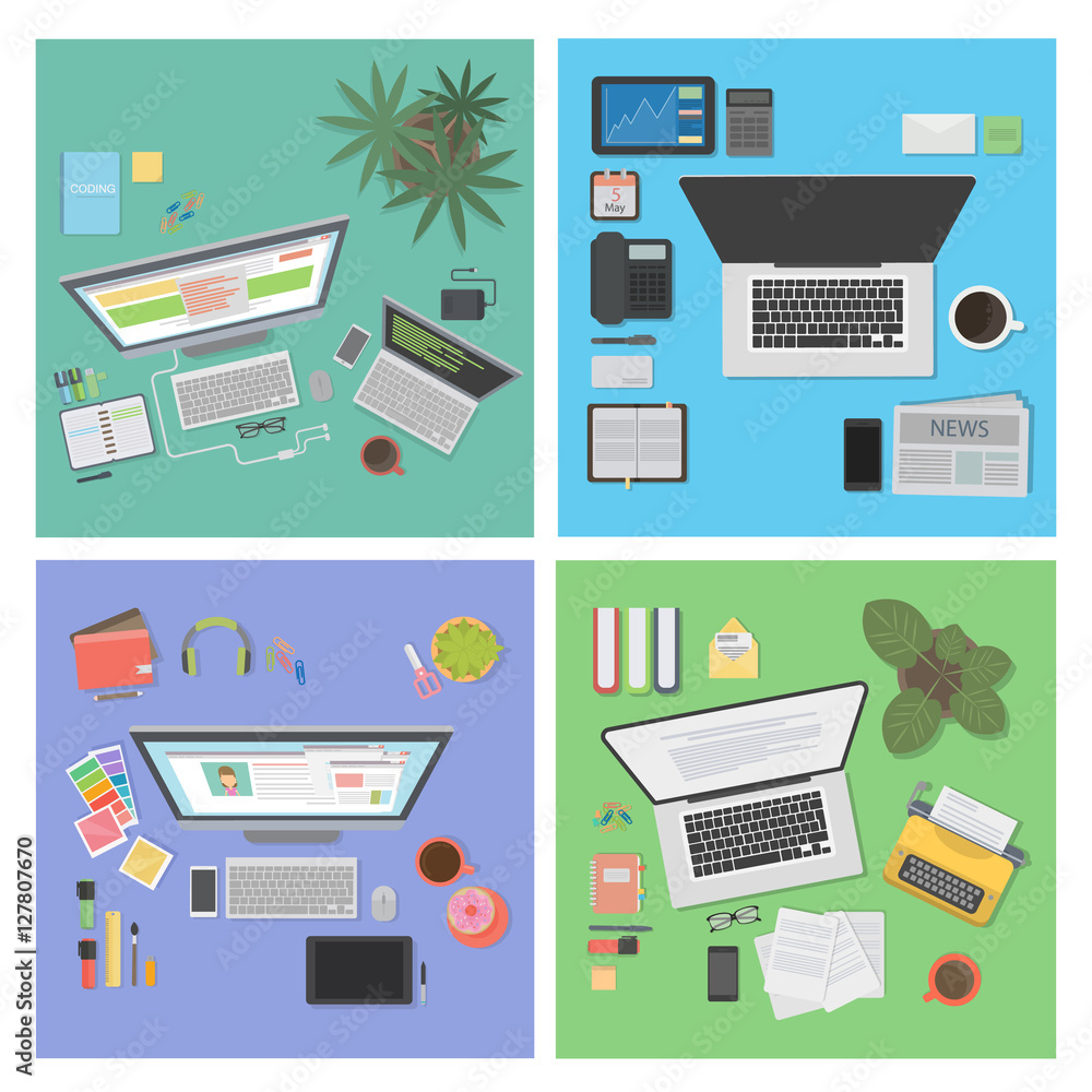 Desk top view set. Different tables and interiors. Stock Vector | Adobe ...
