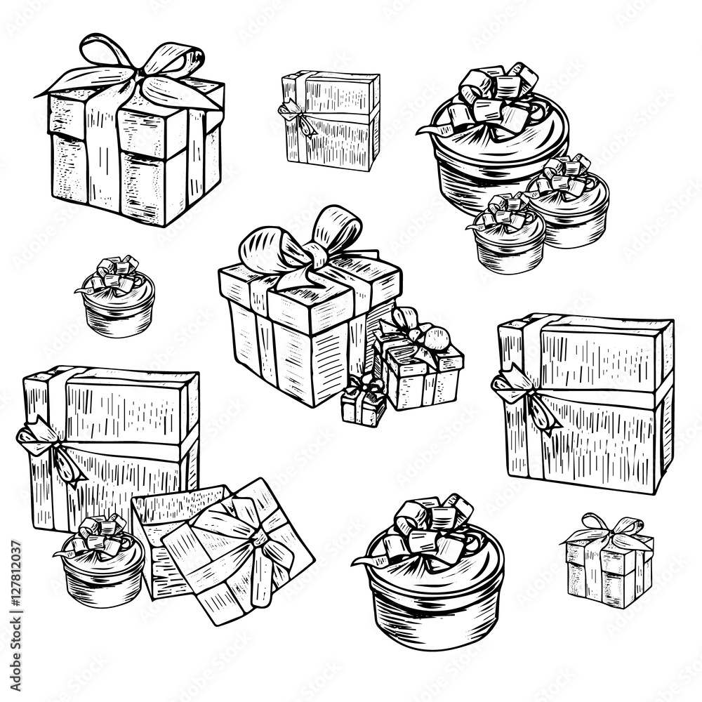 vector illustration set of gift boxes with bows and ribbons.Hand drawn ...