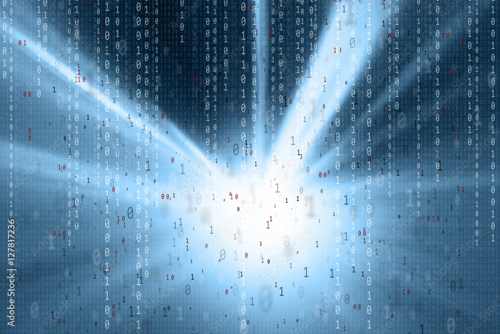 Binary numbers data travel on turquoise blue bright abstract blurred ...