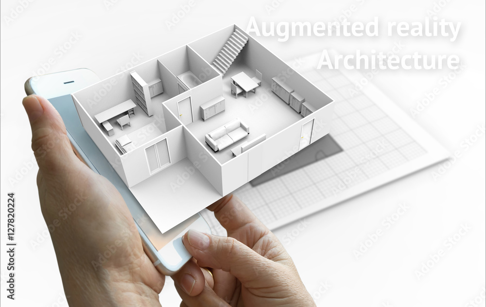 Augmented reality marketing concept for architecture. Hand holding ...
