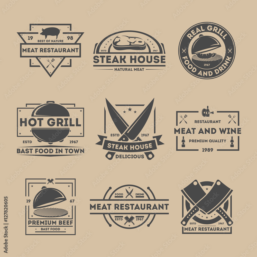 Steak house vintage isolated label set vector illustration. Meat ...