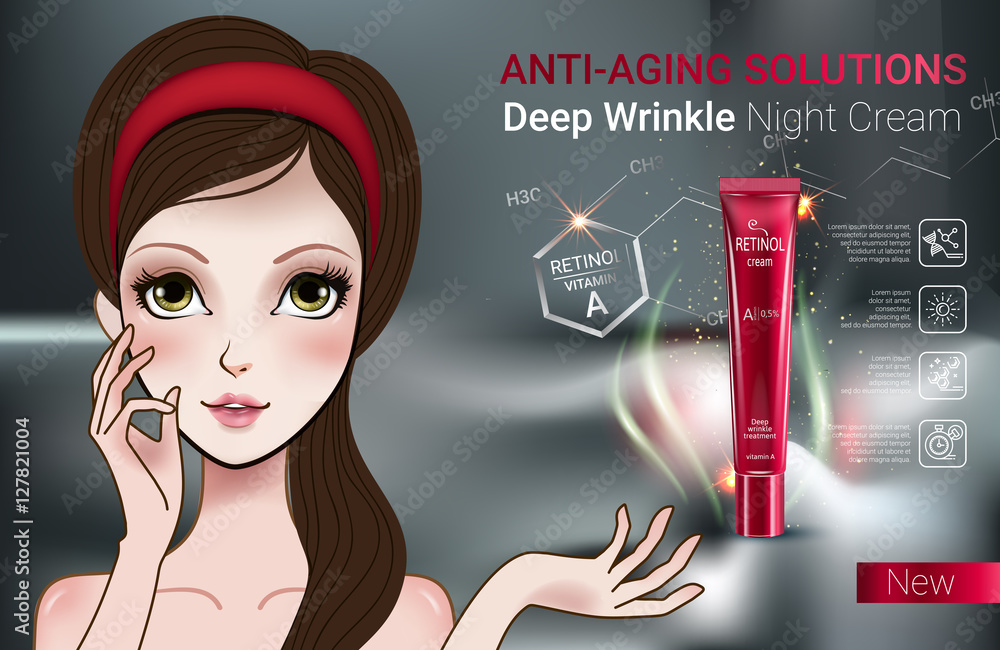 Vector Illustration With Manga Style Girl And Retinol Cream Tube Stock