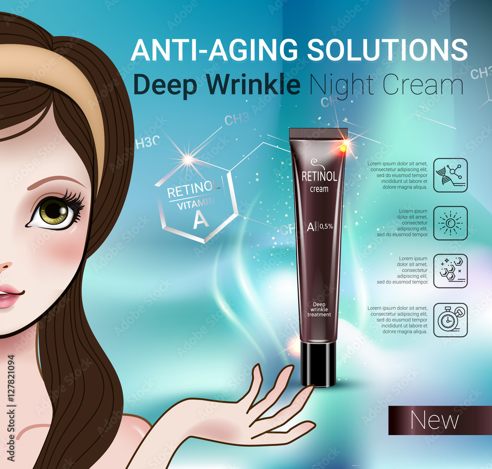 Vector Illustration With Manga Style Girl And Retinol Cream Tube Stock
