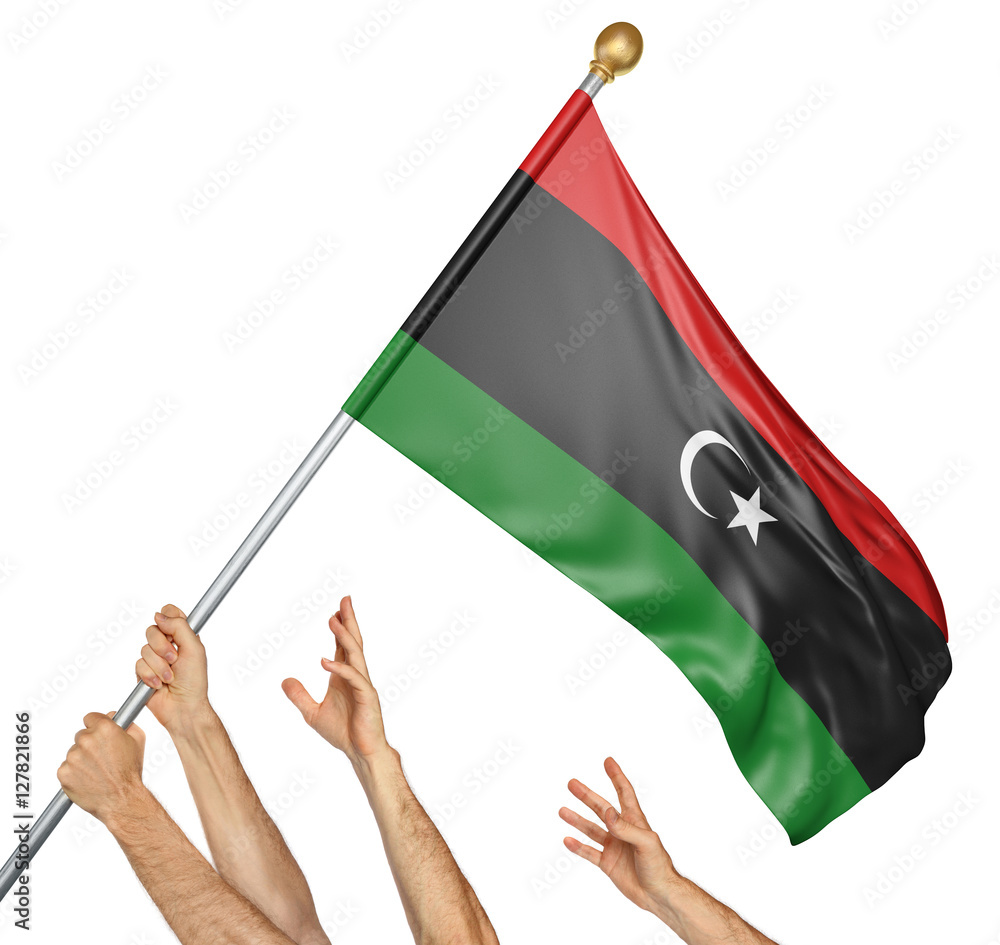 Team of peoples hands raising the Libya national flag, 3D rendering ...